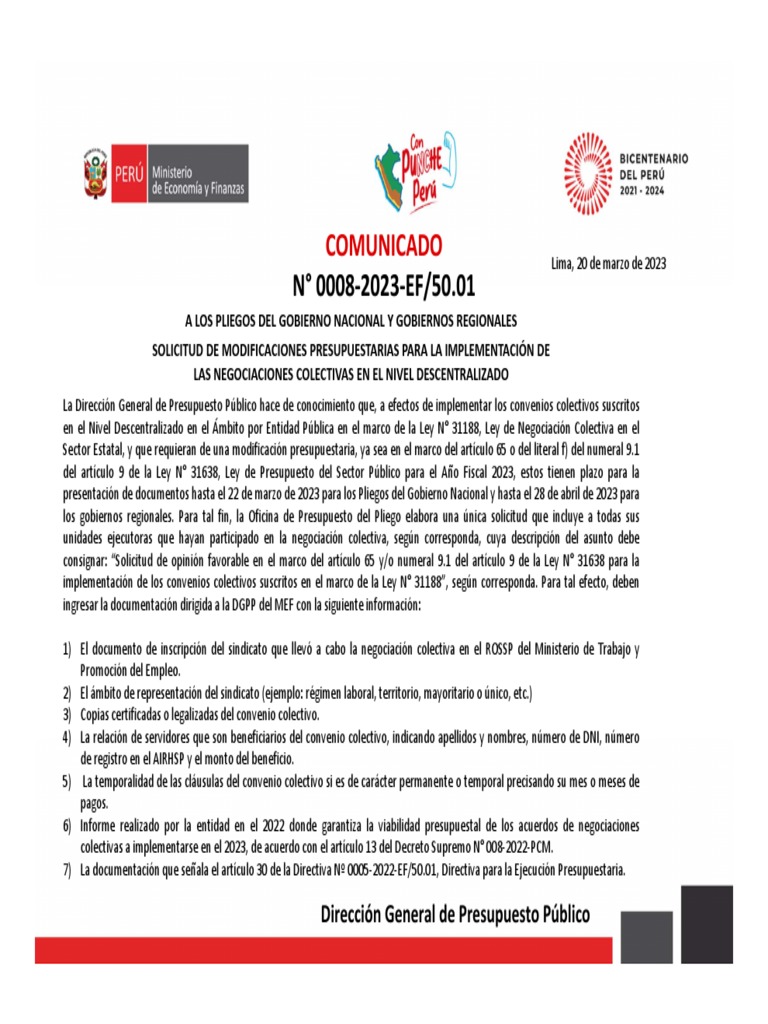 MEF - Comunicado - 0008 - 2023EF5001 Solicitud de Modificaciones Presupuestales para ...