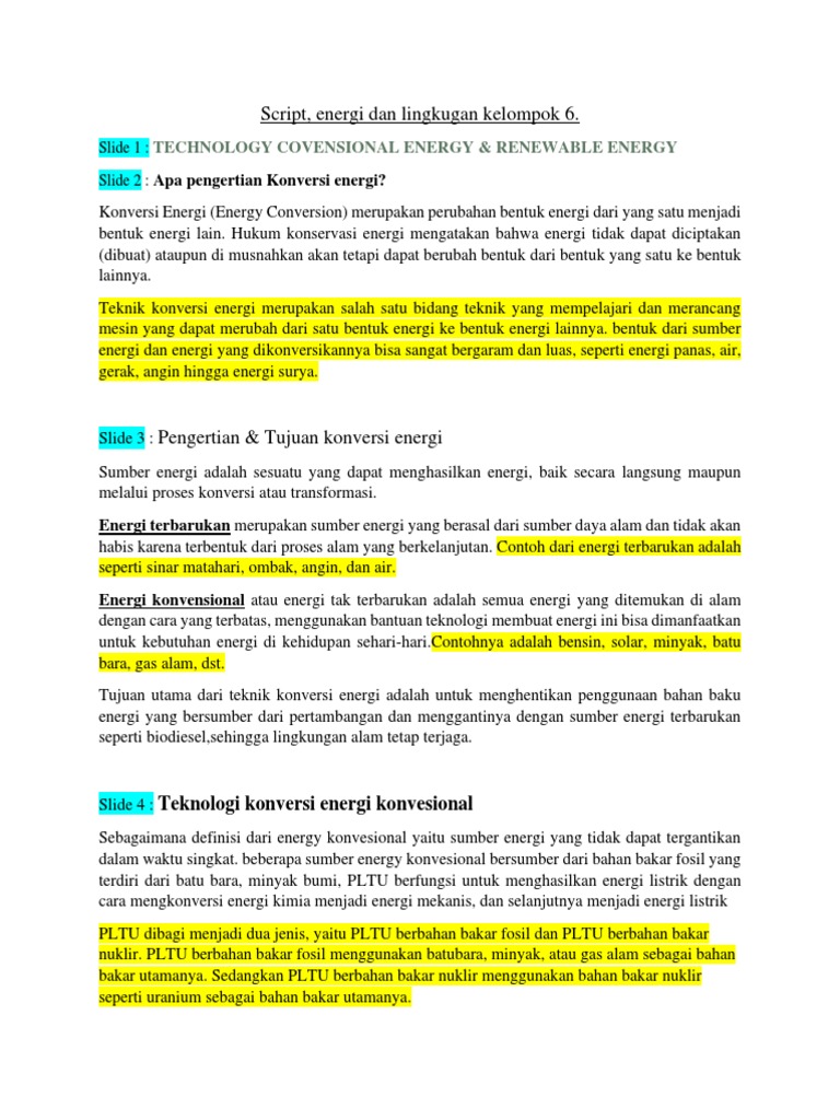 Script Presentasi Energi Dan Lingkungan Kelompok 6 | PDF | Griya & Taman | Sains & Matematika