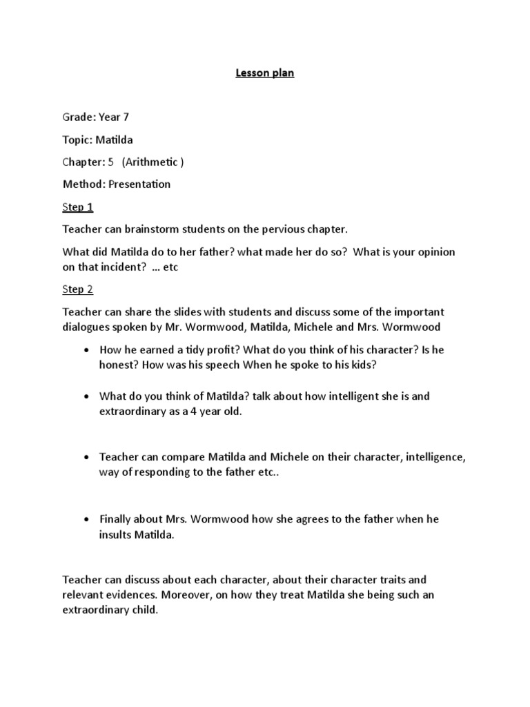 Year 7 lesson plan on Matilda chapter 5 | PDF