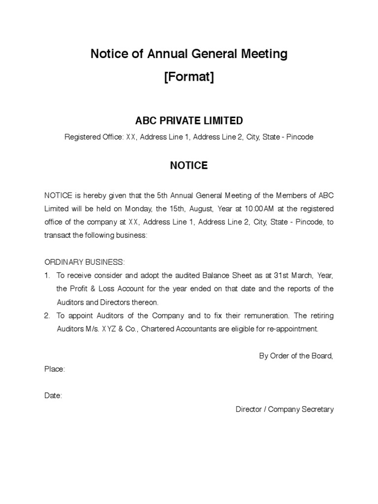 Notice of Annual General Meeting (Format) : Abc Private Limited | PDF