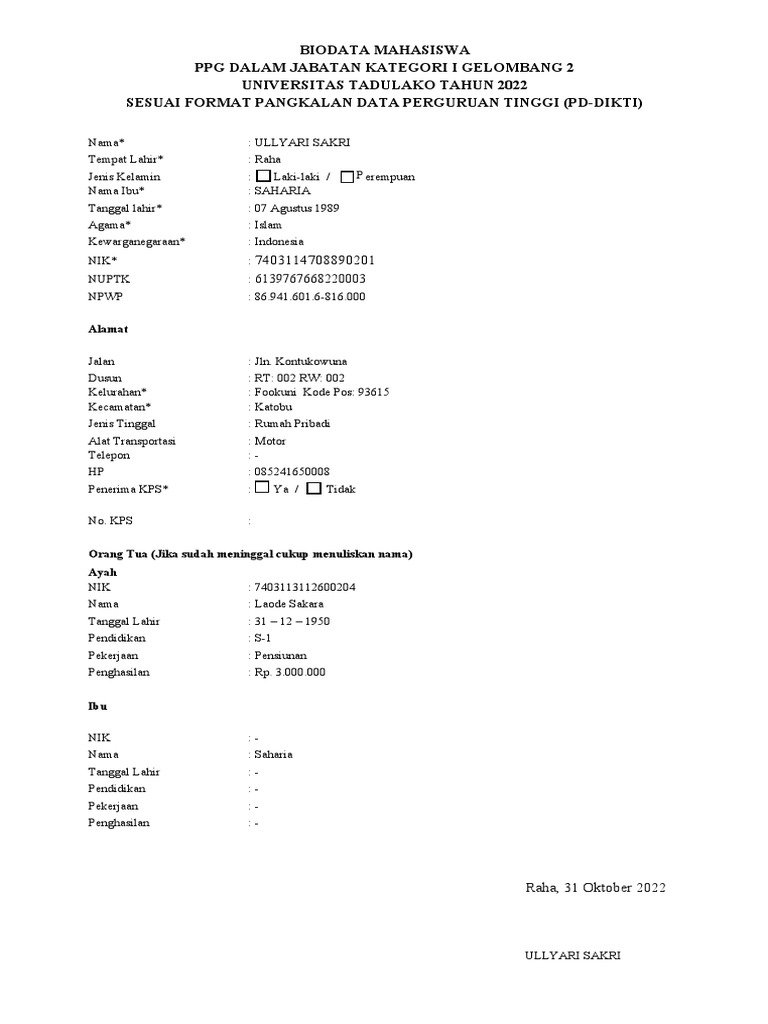 Biodata Mahasiswa PPG Dalam Jabatan Kategori I Gelombang 2 Universitas Tadulako Tahun 2022 ...