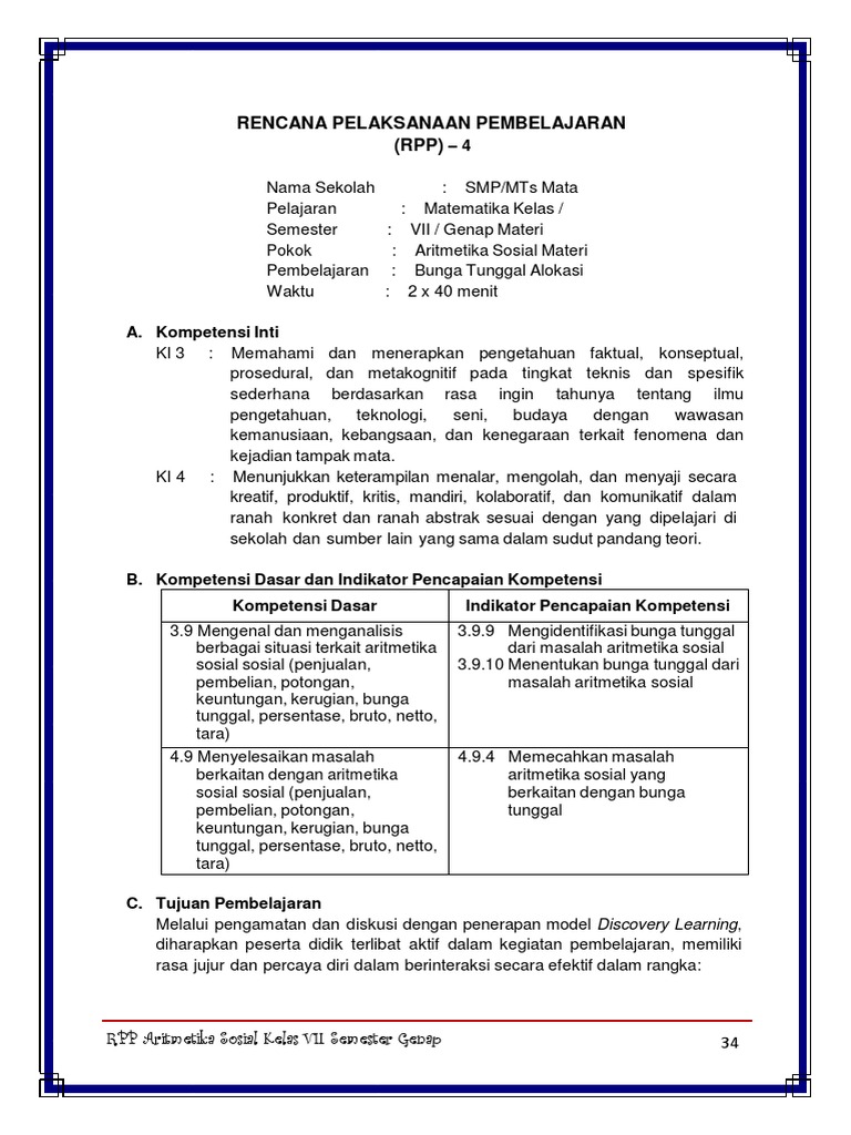 RPP Bunga Tunggal | PDF | Karier & Perkembangan | Pengelolaan Keuangan & Uang