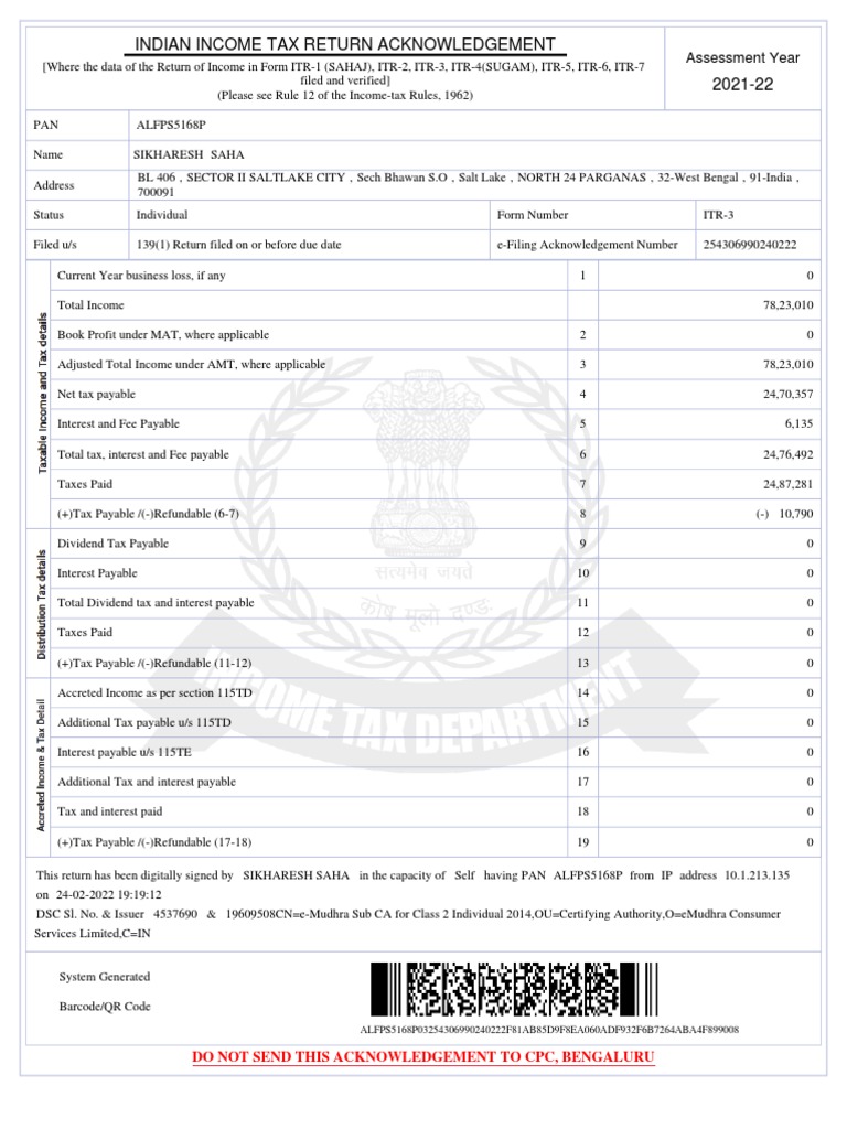 Indian Income Tax Return Acknowledgement 2021-22: Assessment Year | PDF ...