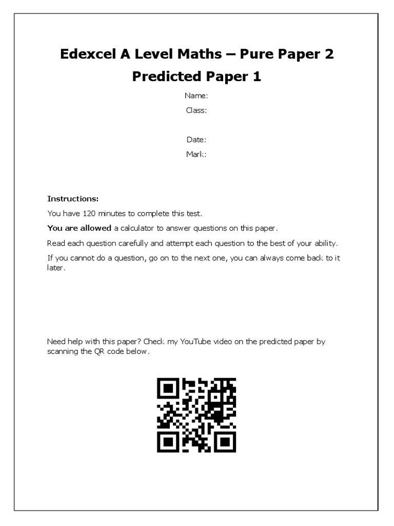 Edexcel A Level Maths - Pure Paper 2 Predicted Paper 1: Instructions | PDF