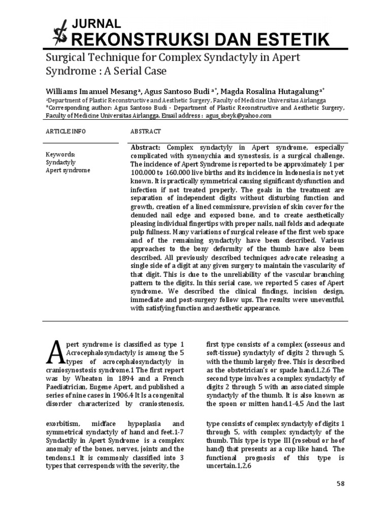 Surgical Techniques for Apert Syndrome Syndactyly | PDF | Hand | Surgery