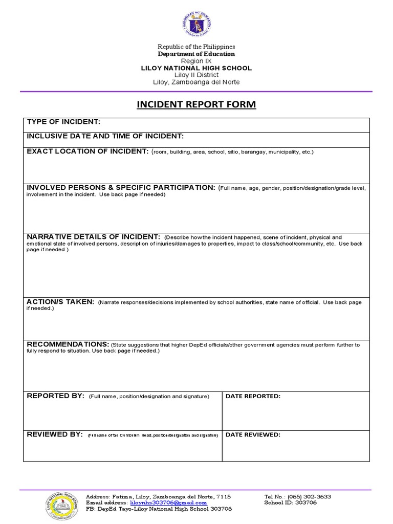 INCIDENT REPORT FORM - Liloy-Nhs | PDF | Psychology