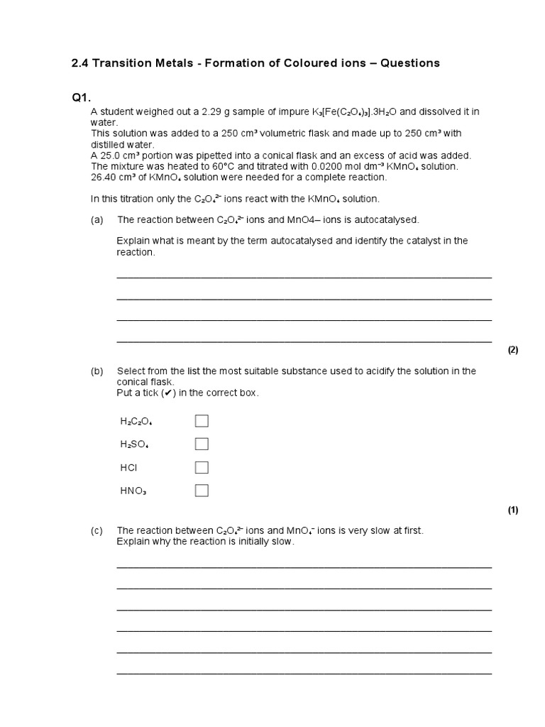 2.4 Transition Metals Formation of Coloured Ions Qs | PDF ...