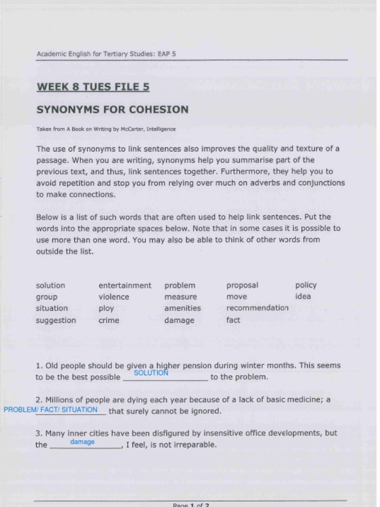 EAP5 Week 8 Tue F5 - Synonyms for cohesion - NO ANSWERS | PDF