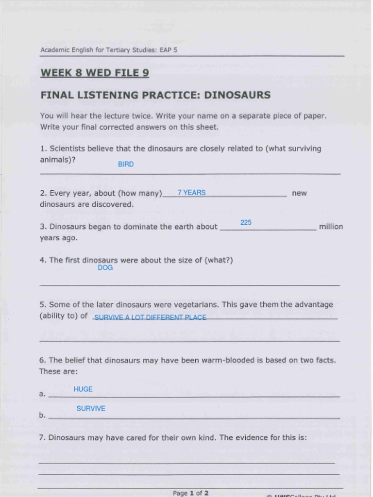 EAP5 Week 8 Wed F9 - Final Listening Practice Dinosurs | PDF