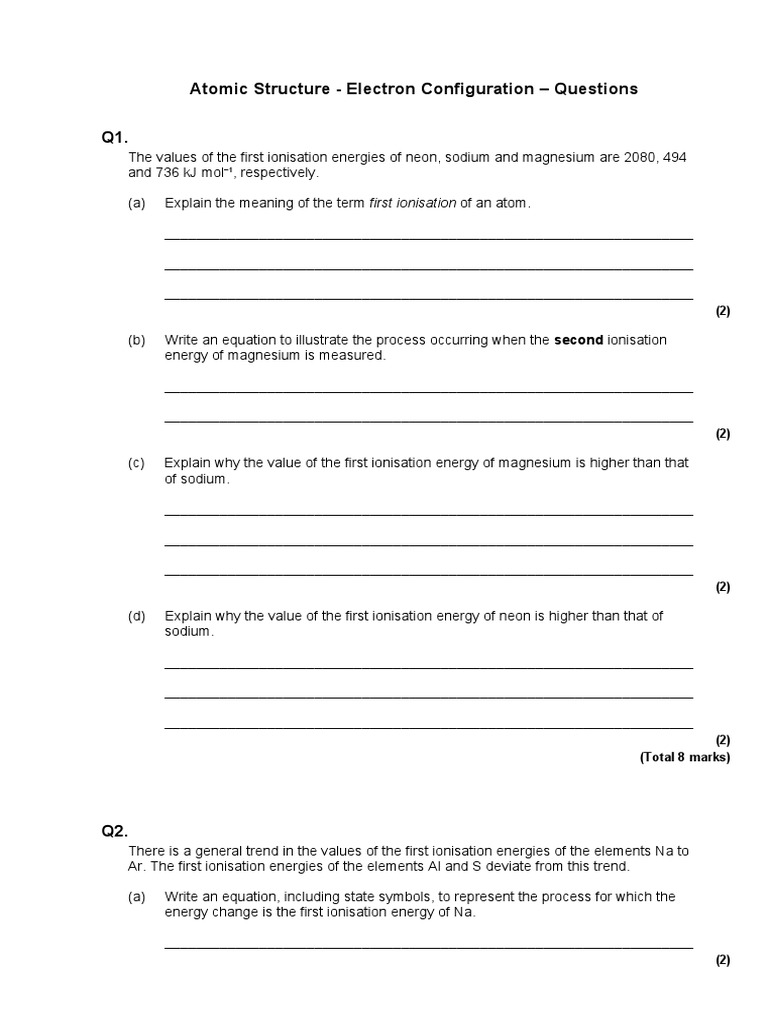 Atomic Structure Electron Configuration Qs | PDF | Ion | Ionization