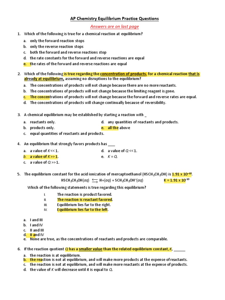 AP Chemistry Equilibrium Practice Questions: Answers Are On Last Page | PDF | Chemical ...