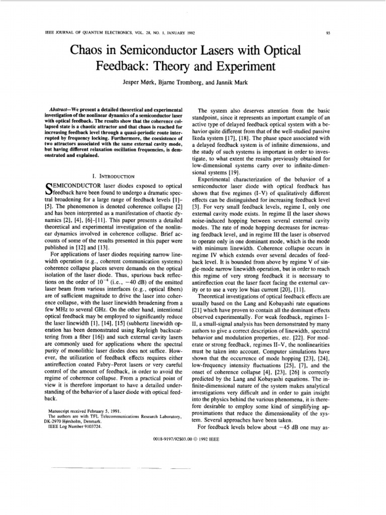 Chaos in Semiconductor Lasers With Optical Feedback Theory and ...