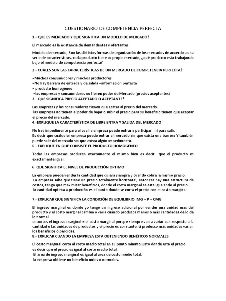 Cuestionario sobre los conceptos básicos del mercado de competencia perfecta y el mercado ...