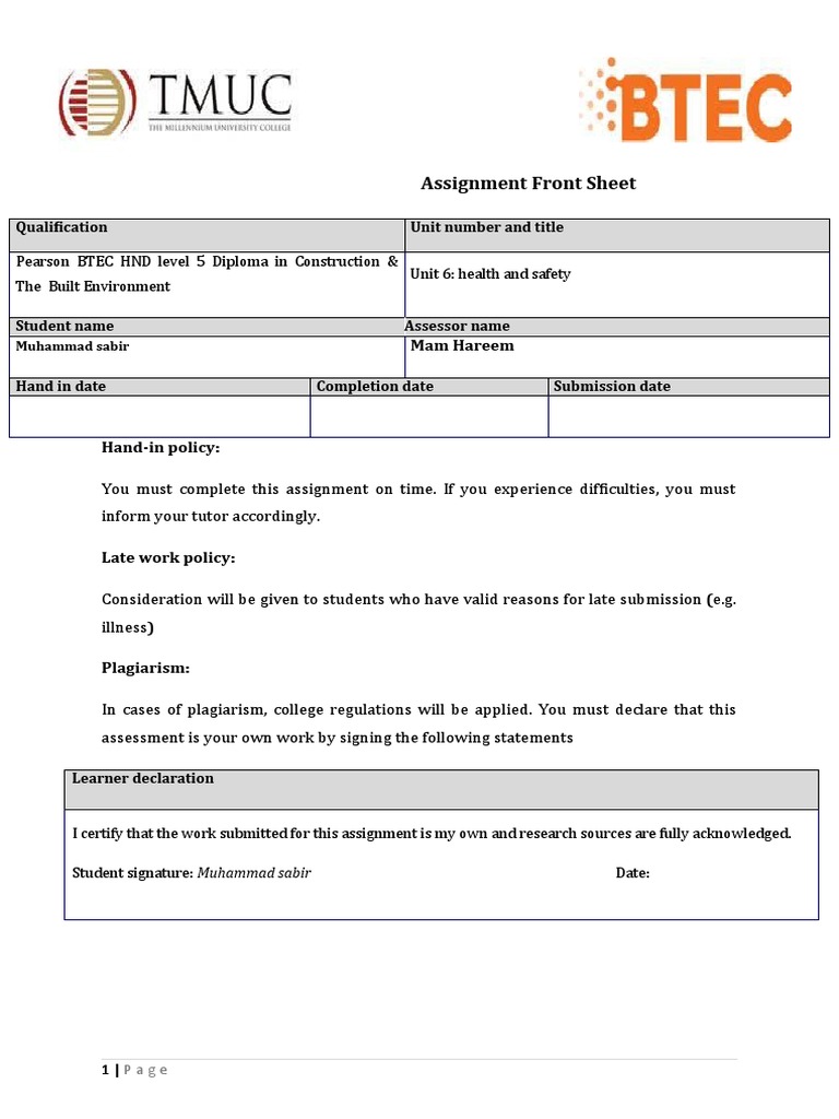 Assignment Front Sheet: Mam Hareem | PDF | Occupational Safety And ...