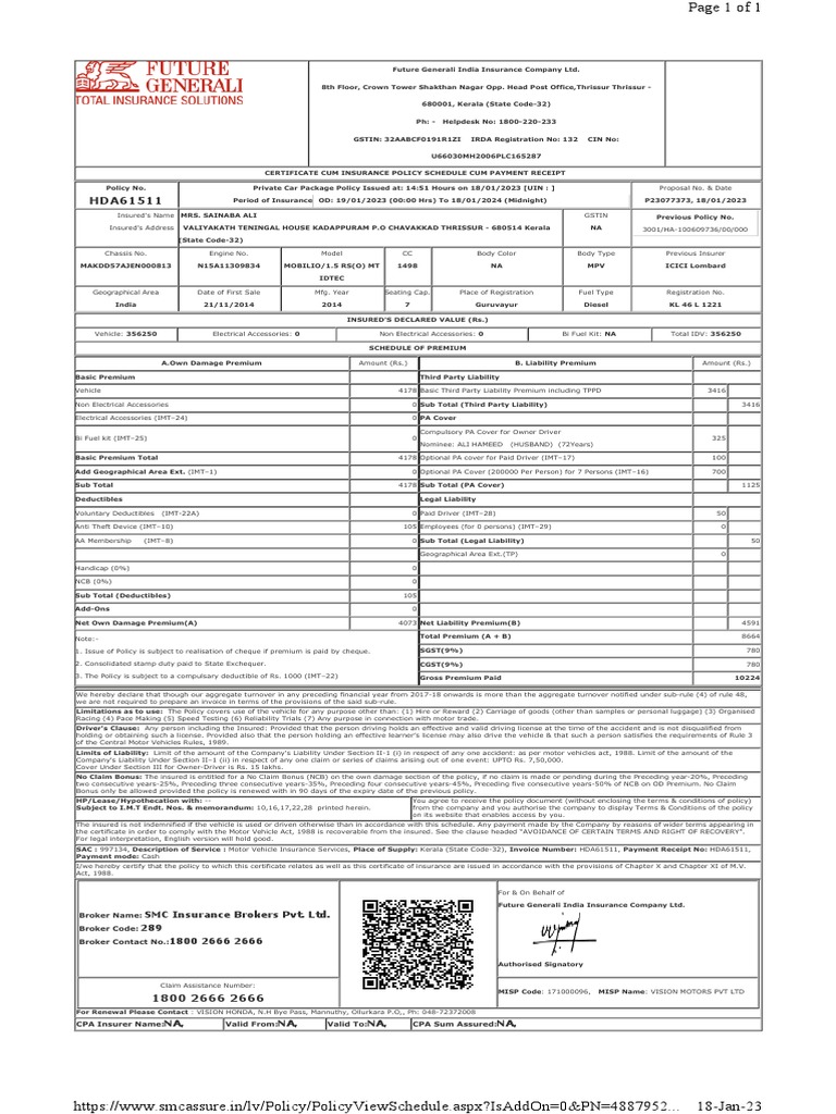 Future Generali India Insurance private car policy schedule | PDF ...