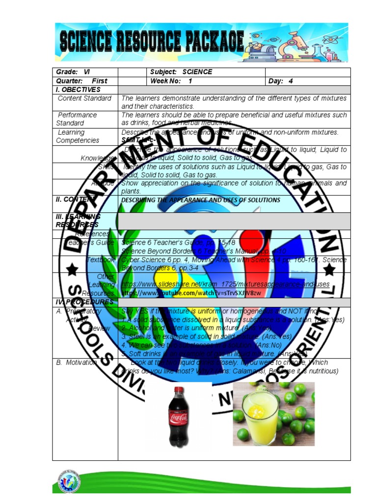 DLP Science 6 Q1 | PDF | Mixture | Water
