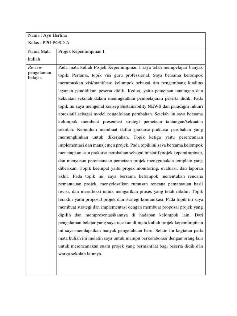 Jurnal Refleksi Projek Kepemimpinan | PDF | Karier & Perkembangan