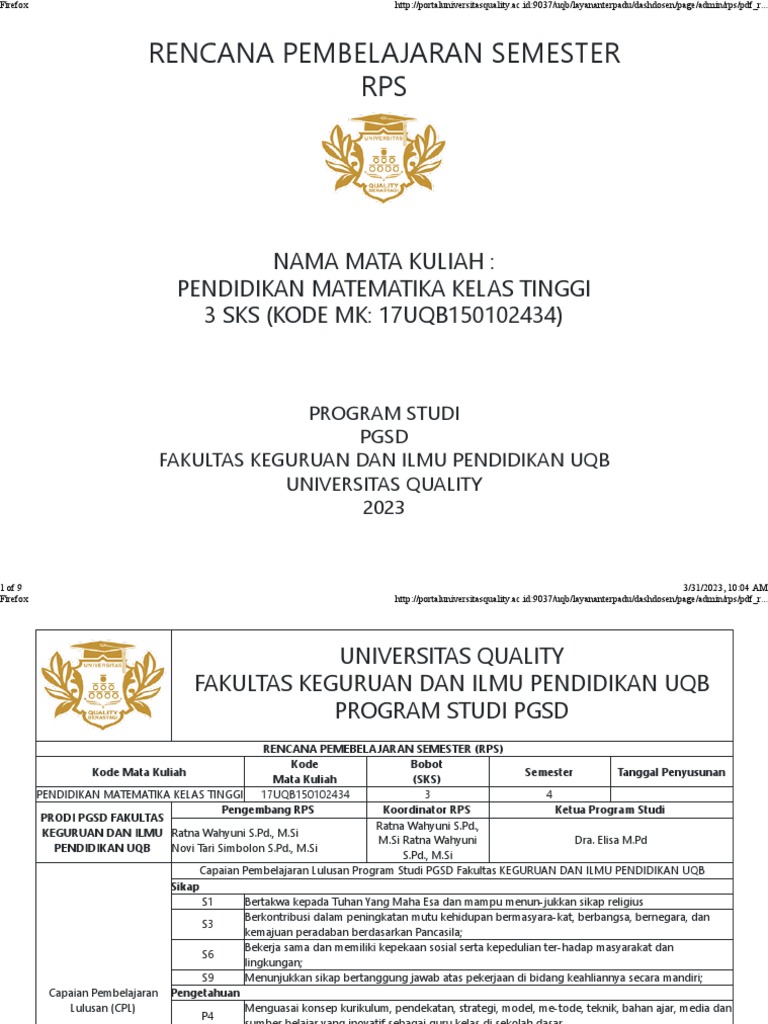 Rps Matematika Kelas Tinggi | PDF