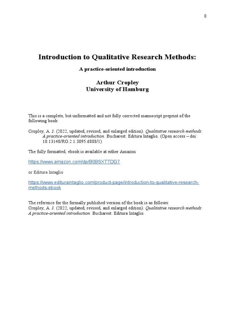 Introduction To Qualitative Research Methods:: Arthur Cropley ...