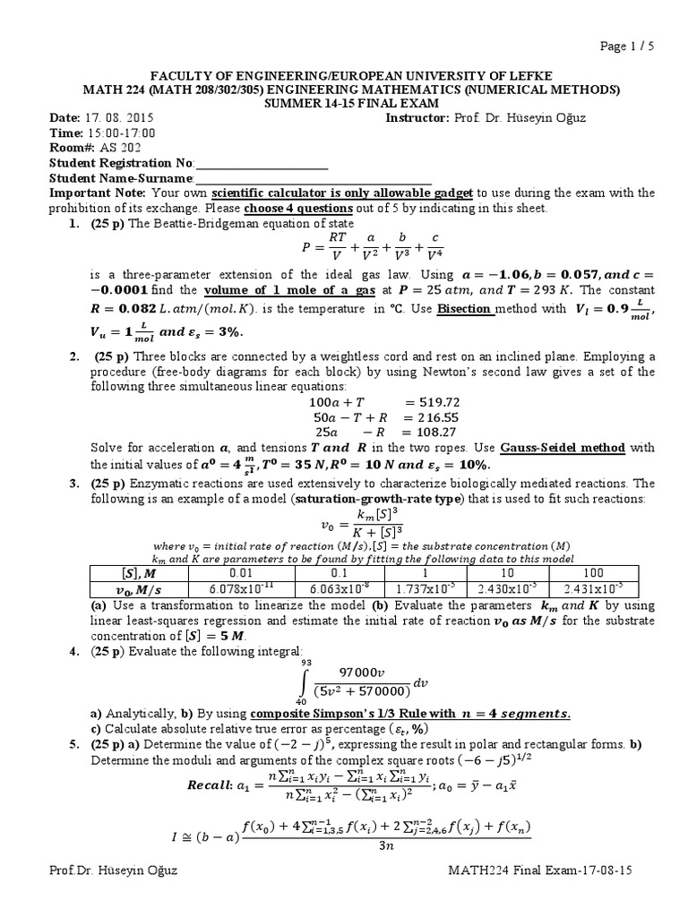 MATH224 (302) EngMaths (Num - Meth) - Summer14 15FinalExamQ&A - 17 08 15 | PDF | Mathematical ...