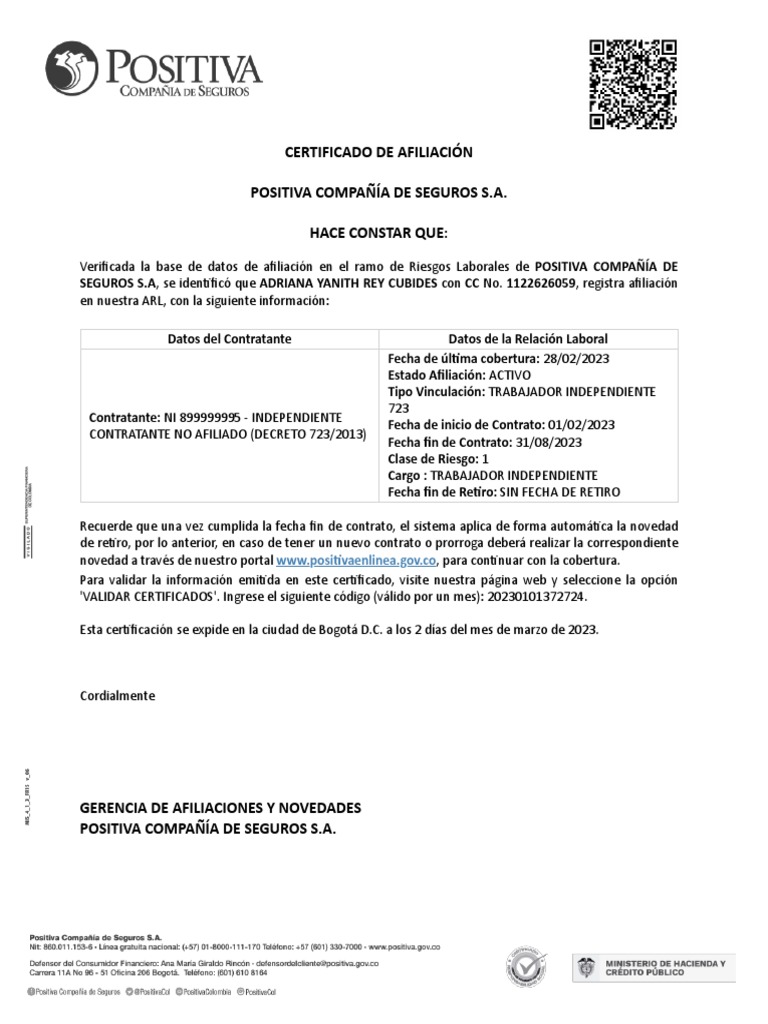 Certificado Arl Positiva Adriana Rey | PDF