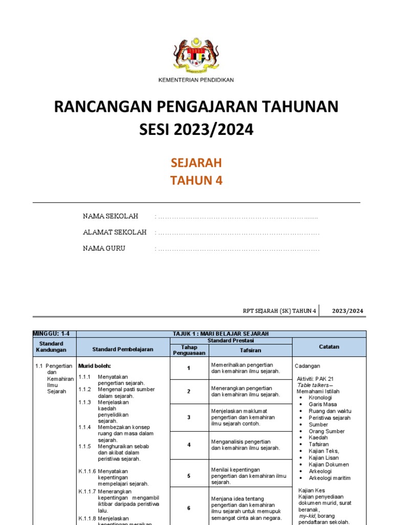 RPT SEJARAH THN 4 2023-2024 by Rozayus Academy | PDF