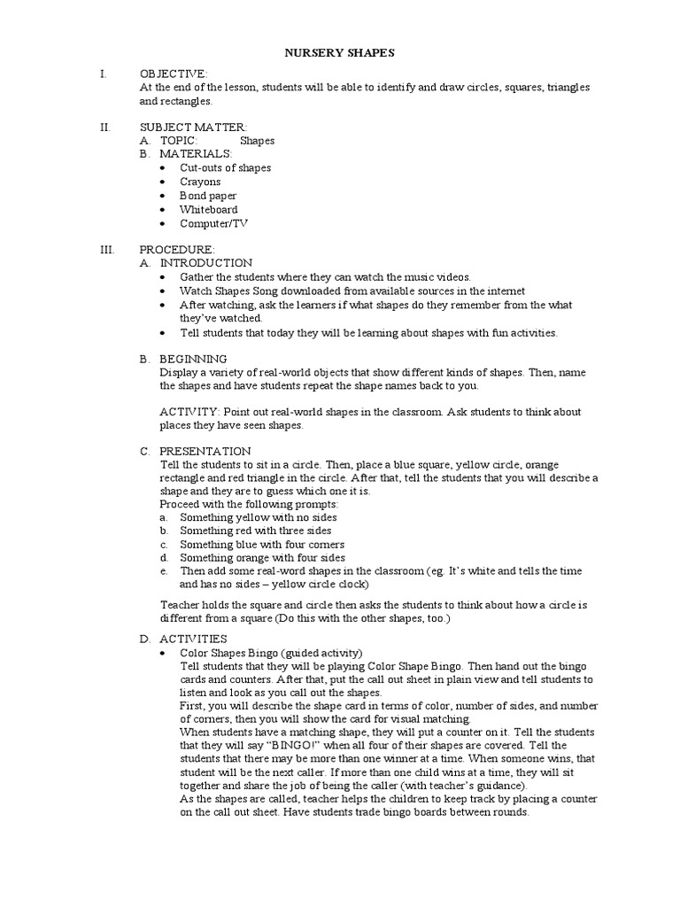 Nursery Shapes Lesson Plan | PDF | Classroom | Education Theory