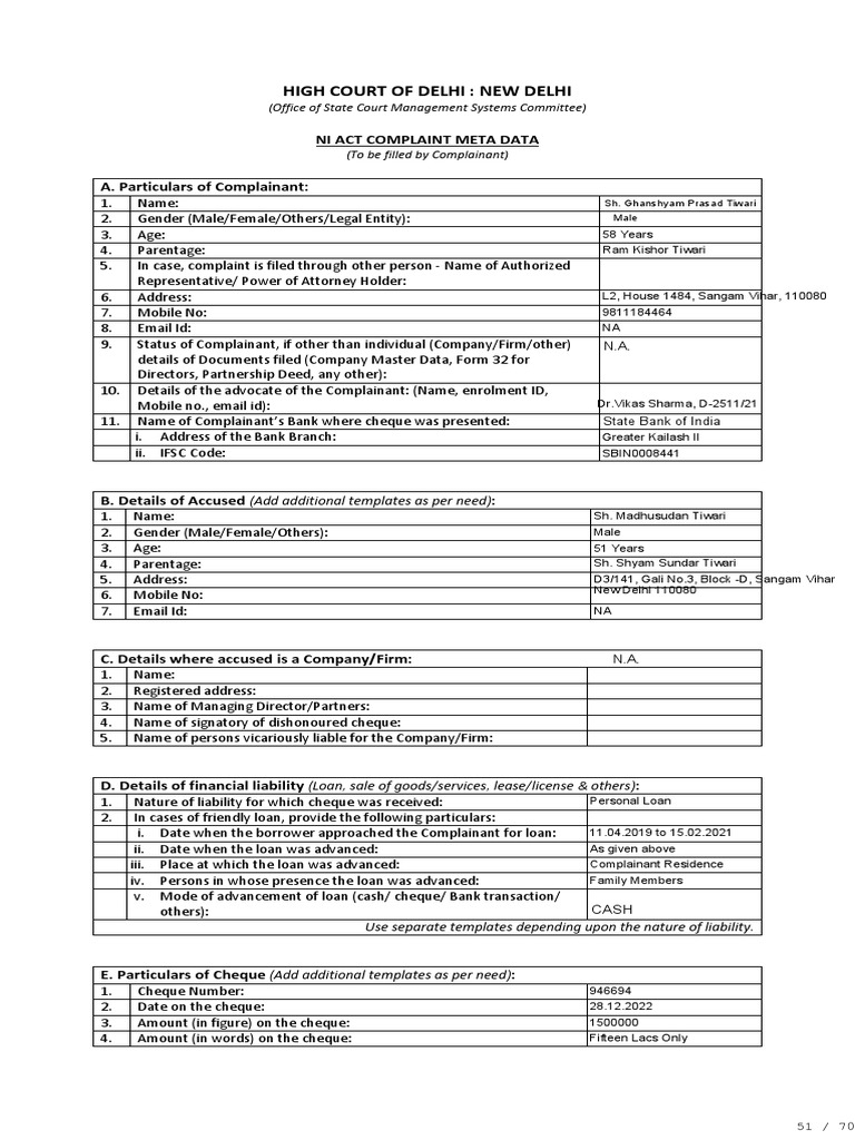 Meta Data Form For Digital Courts NI Act | PDF | Cheque | Banks