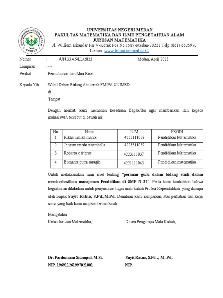 Surat Izin Mini Riset Profesi Kependidikan Kel 1 | PDF