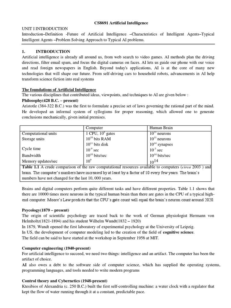 Cs8691-Ai - Unit 1 Notes | PDF | Artificial Intelligence | Intelligence ...