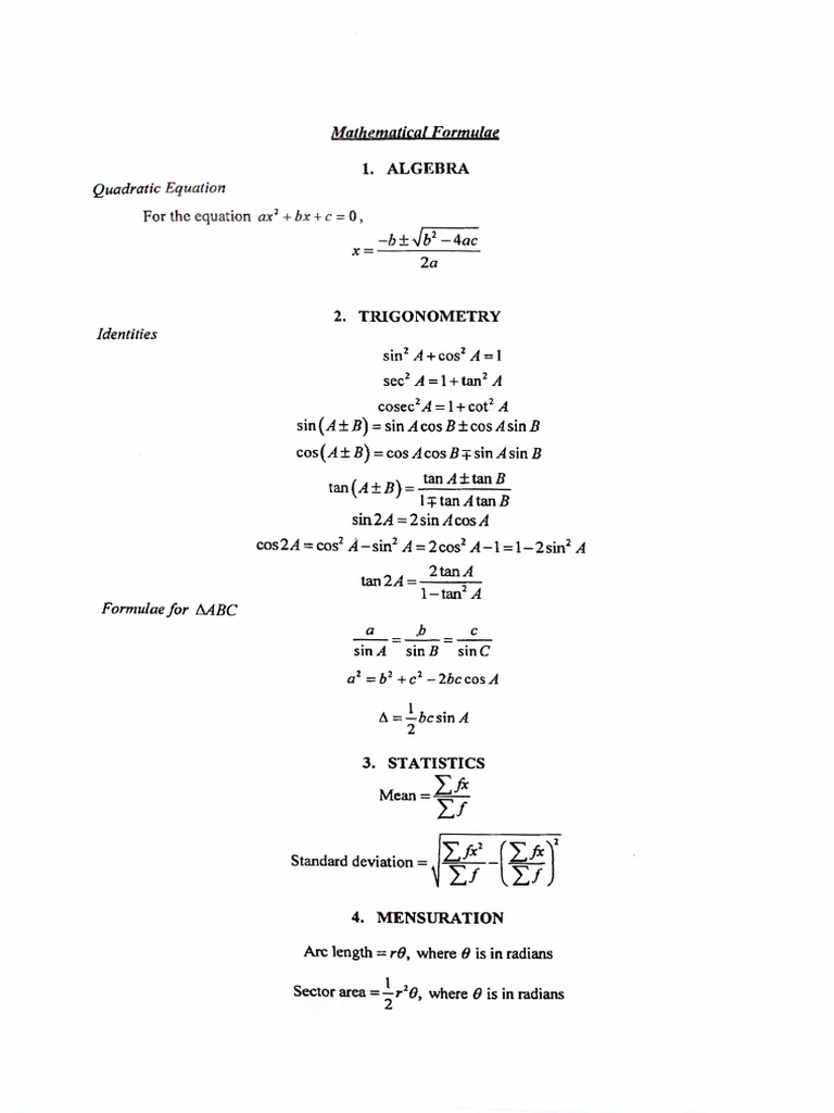 RI Maths 2 Formula Sheet | PDF
