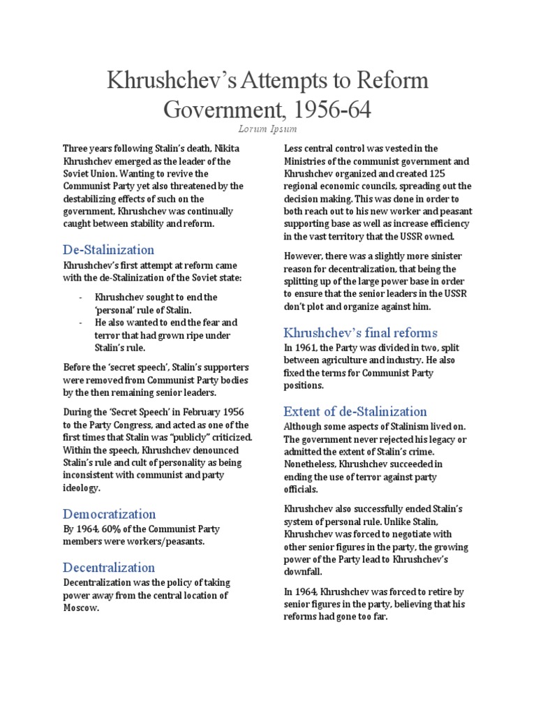 Khrushchev's Attempts To Reform Government | PDF | Nikita Khrushchev ...