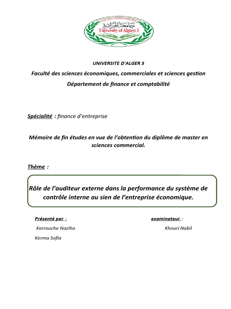 Rôle de l'Auditeur Externe en Contrôle Interne | PDF | Contrôle interne ...