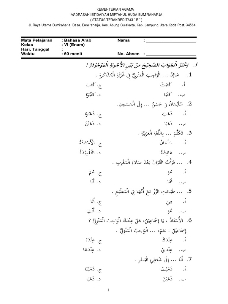 Soal UAS B. Arab Kelas 6 SD MI Semester 2 | PDF