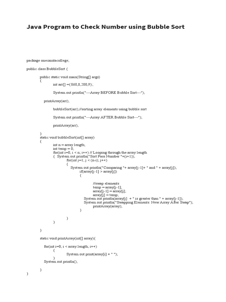 Java Program To Check Number Using Bubble Sort | PDF