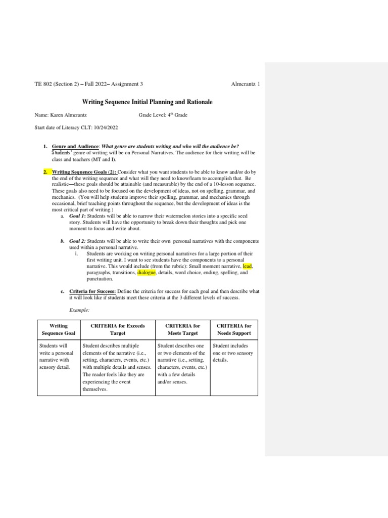 4th Grade Personal Narrative Writing Plan | PDF | Mentorship | Narrative