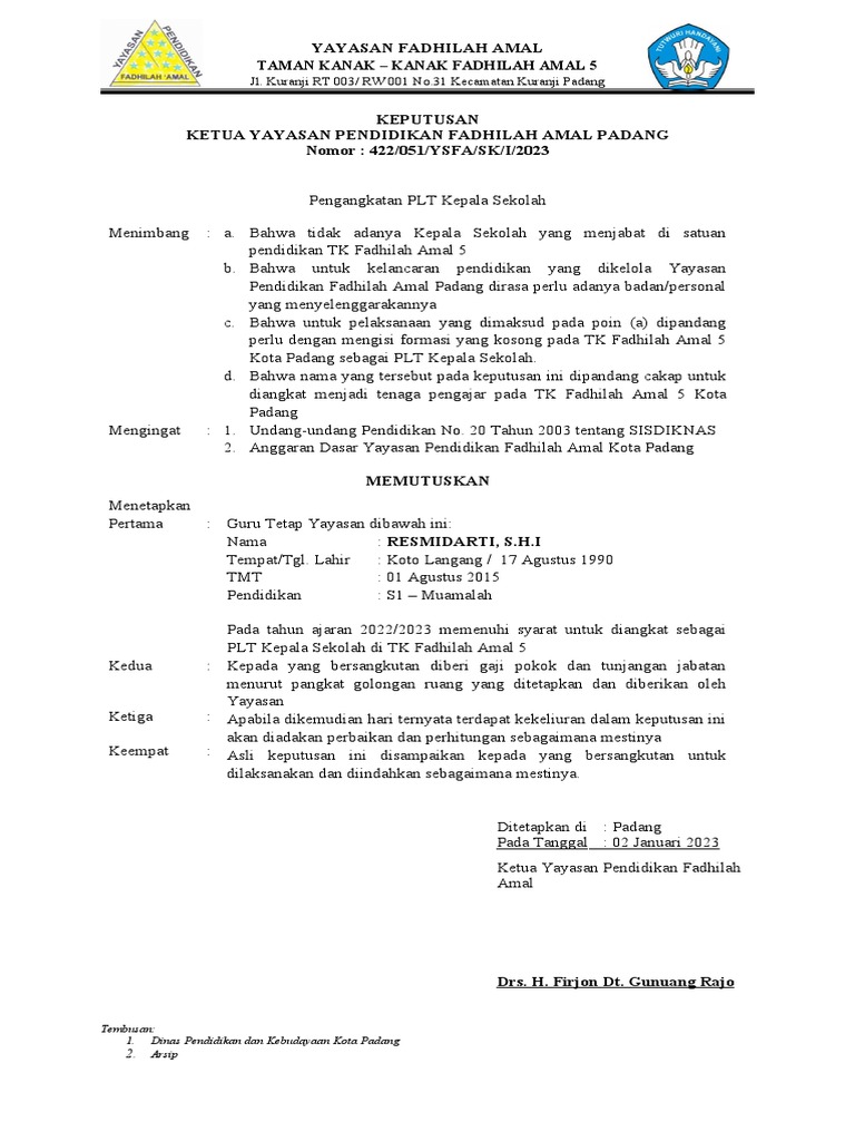 Pengangkatan PLT Kepala Sekolah | PDF