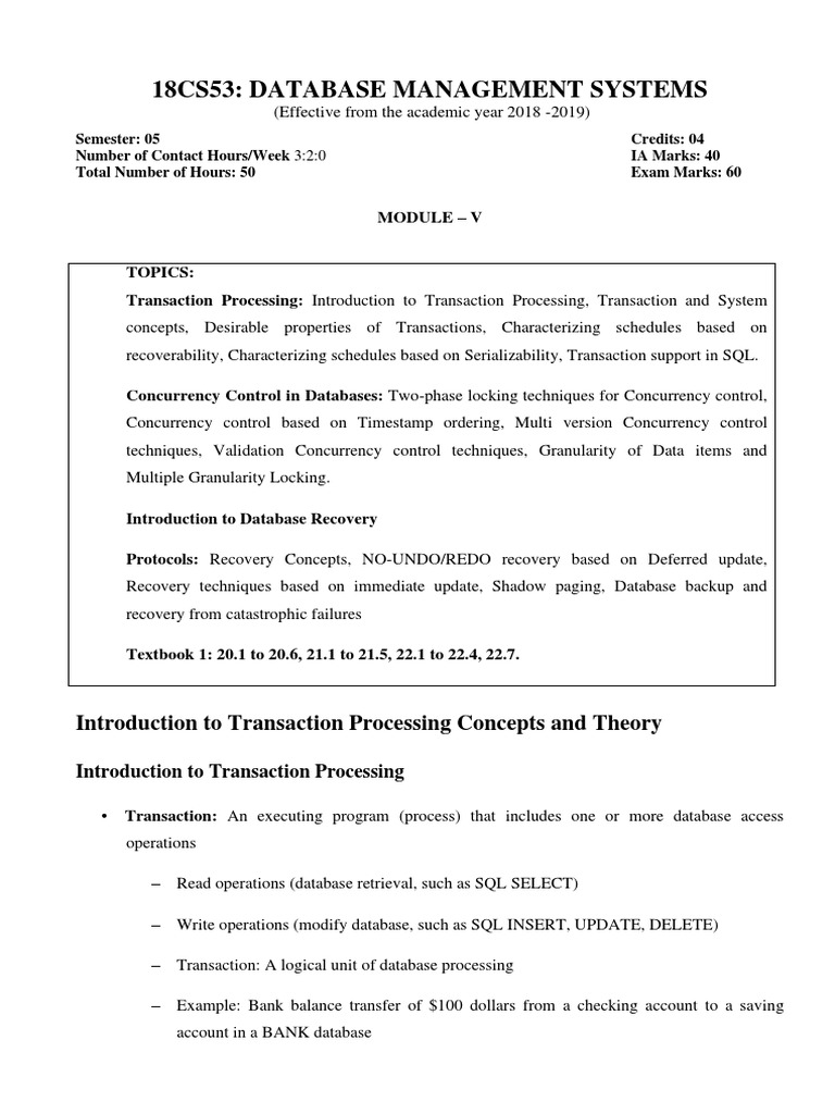 18cs53 Database Management Systems Introduction To Transaction Processing Concepts And Theory