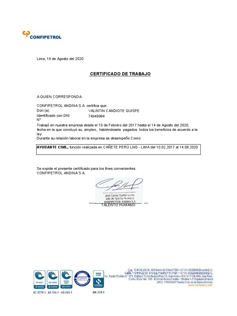 Certificado de Trabajo Civil | PDF