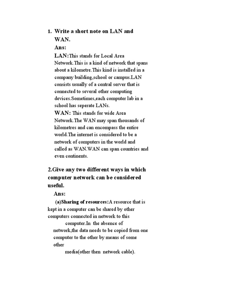 Write A Short Note On LAN and WAN | PDF | Computer Network | Network ...