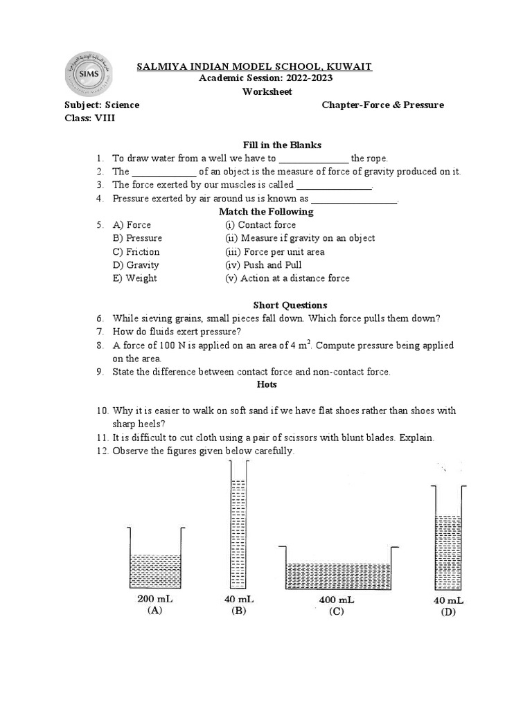Worksheer Force and Pressure | PDF | Force | Pressure