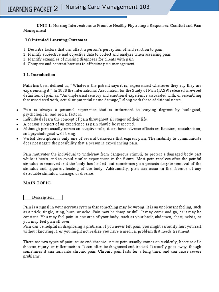 UNIT 1: Nursing Interventions To Promote Healthy Physiologic Responses ...