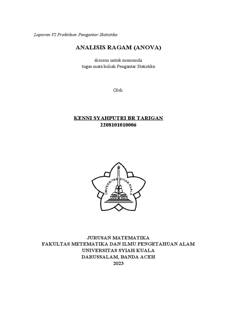 Analisis Ragam (Anova) : Kenni Syahputri BR Tarigan 2208101010006 | PDF | Metode & Bahan Ajar