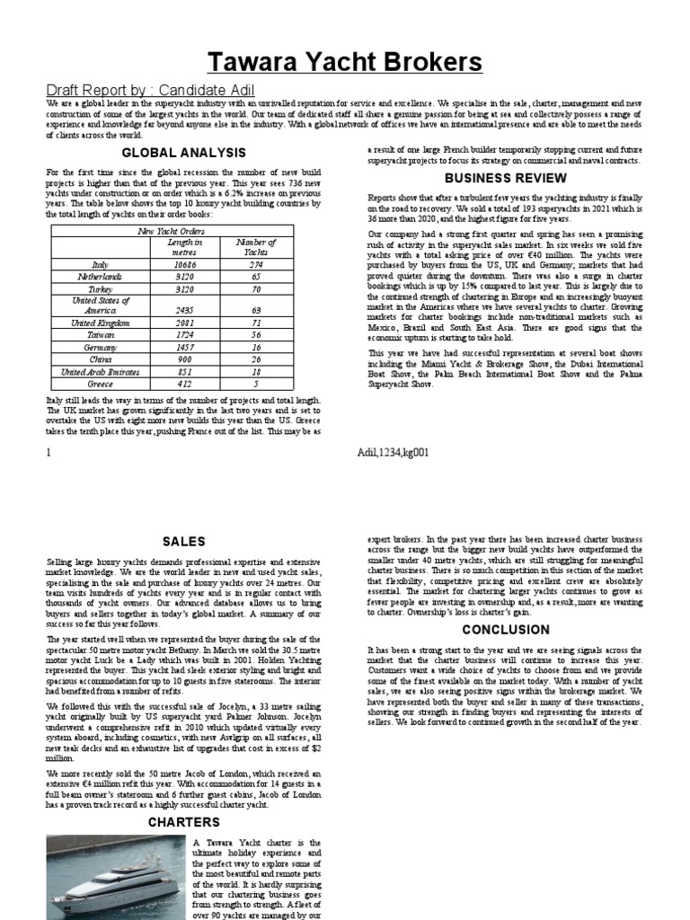 Tawara Yacht Brokers: Draft Report By: Candidate Adil | PDF | Yacht | Economies