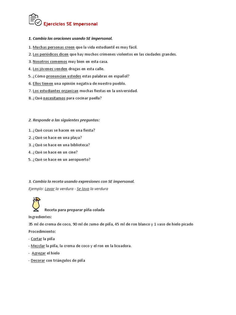 Ejercicios de Se Impersonal en Español | PDF | Salud y bienestar ...