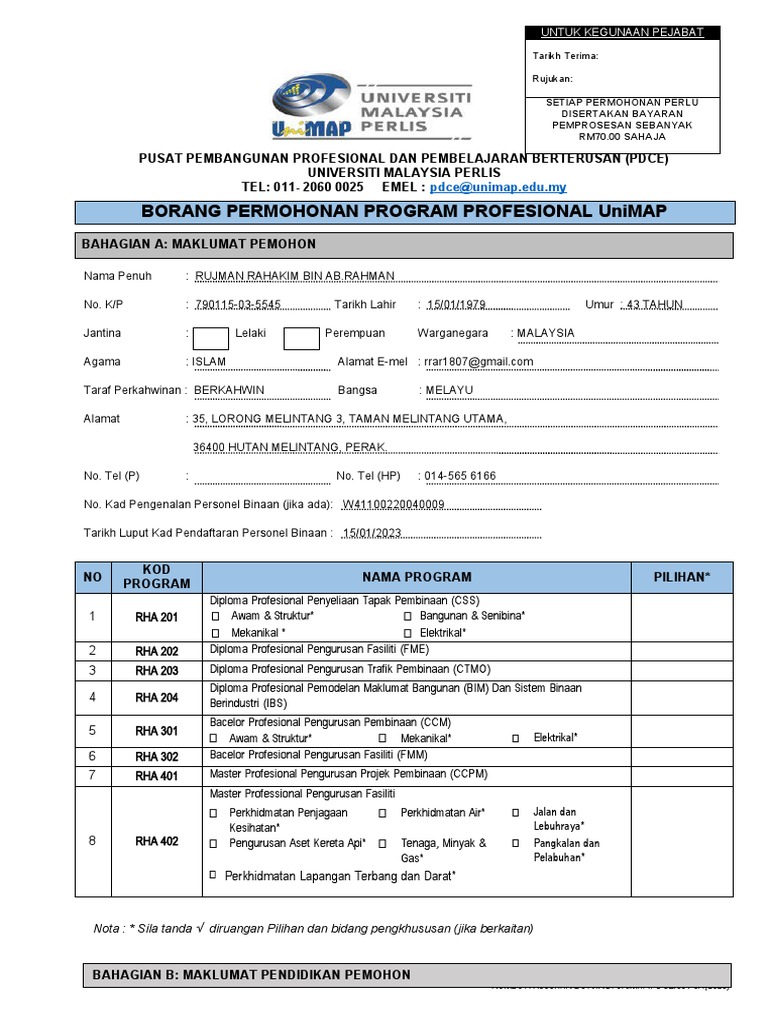Borang Permohonan Program Profesional Unimap | PDF