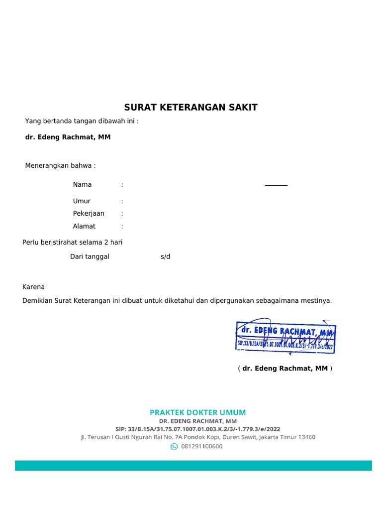 SURAT KETERANGAN SAKIT UNTUK ISTIRAHAT 2 HARI | PDF