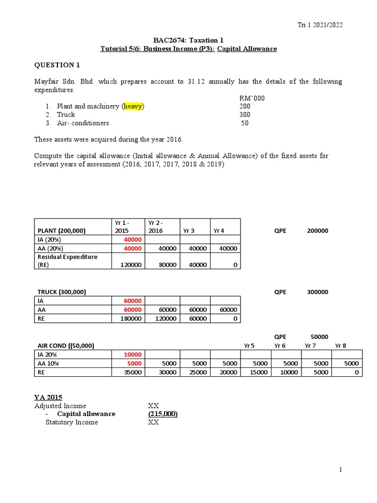 Tutorial 6 - Business Income (P3) Capital Allowance | PDF | Expense | Cost
