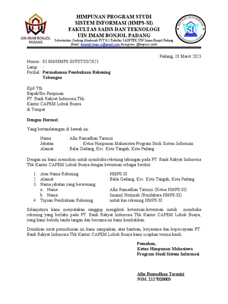 Surat Permohonan Pembuatan Rekening (BRI) | PDF