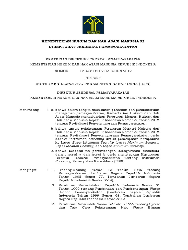 Kep Dirjen 2019 No 58 Instrumen Screening Penempatan Narapidana (ISPN) (2) | PDF